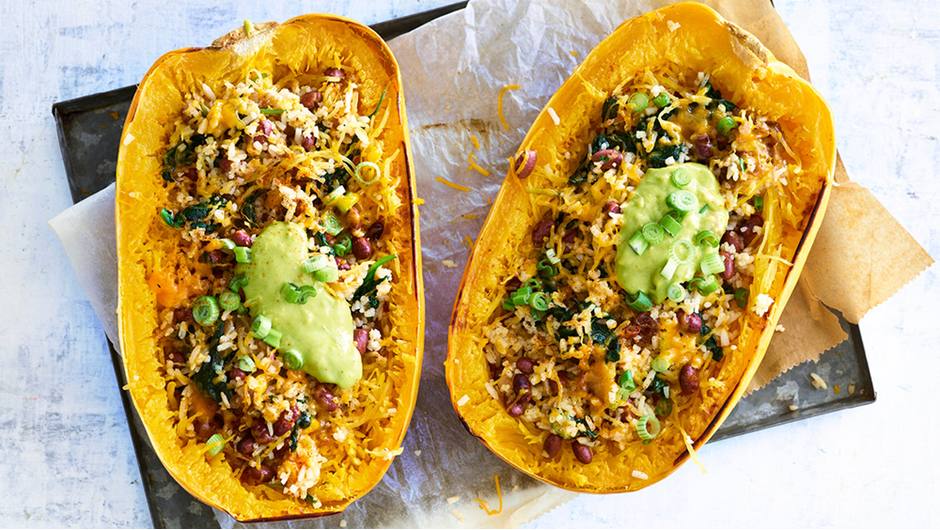 Spaghetti Squash Halves Stuffed with Spinach, Rice, and Cheese | Giant ...