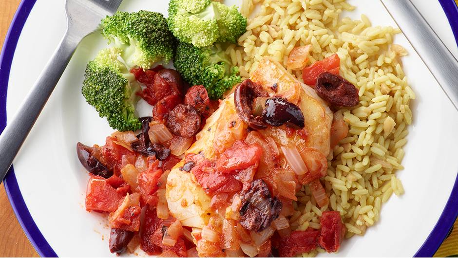 Pan Seared Halibut with Tomato Olive Sauce | Stop and Shop