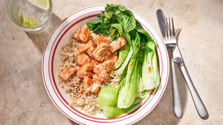 Teriyaki Air Fryer Salmon Bites with Bok Choy and Rice | Giant Food