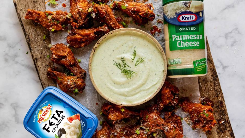 Garlic Parmesan Buffalo Chicken Wings with Feta Cheese Ranch Dip ...